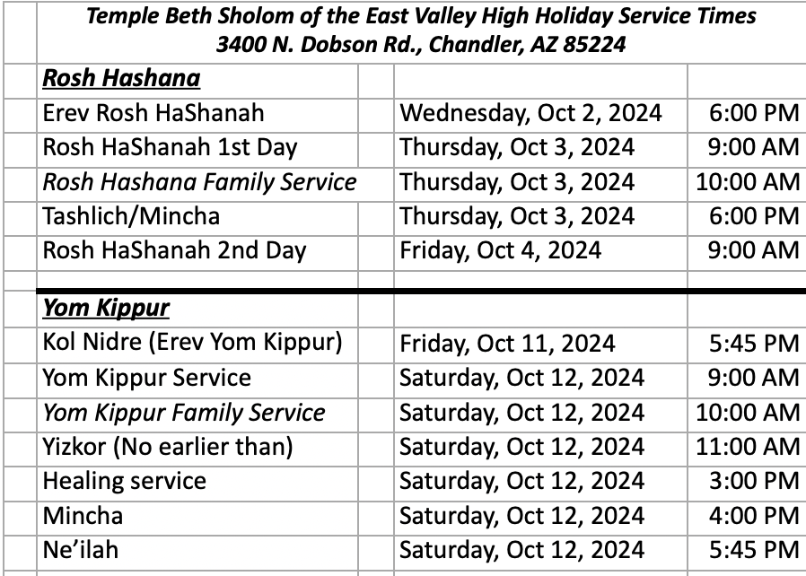 High Holidays 5785 / 2024 - Temple Beth Sholom of the East ValleyTemple ...